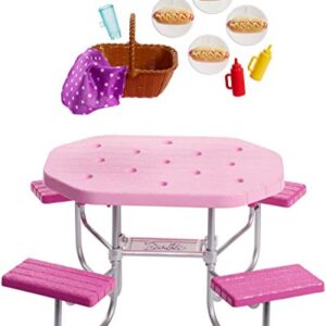 Barbie Outdoor Furniture, Pink Picnic Table with Adjustable Seats and Hot Dog Picnic for 4