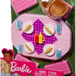 Barbie Outdoor Furniture, Pink Picnic Table with Adjustable Seats and Hot Dog Picnic for 4