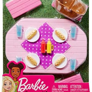 Barbie Outdoor Furniture, Pink Picnic Table with Adjustable Seats and Hot Dog Picnic for 4