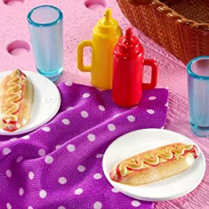 Barbie Outdoor Furniture, Pink Picnic Table with Adjustable Seats and Hot Dog Picnic for 4