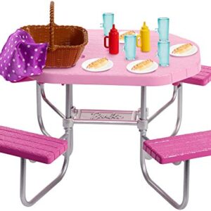 Barbie Outdoor Furniture, Pink Picnic Table with Adjustable Seats and Hot Dog Picnic for 4