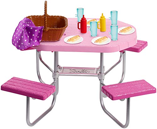 Barbie Outdoor Furniture, Pink Picnic Table with Adjustable Seats and Hot Dog Picnic for 4