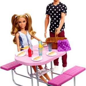 Barbie Outdoor Furniture, Pink Picnic Table with Adjustable Seats and Hot Dog Picnic for 4