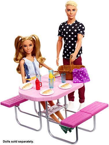 Barbie Outdoor Furniture, Pink Picnic Table with Adjustable Seats and Hot Dog Picnic for 4