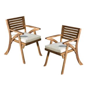 christopher knight home hermosa outdoor acacia wood arm chairs, 2-pcs set, teak finish / cream