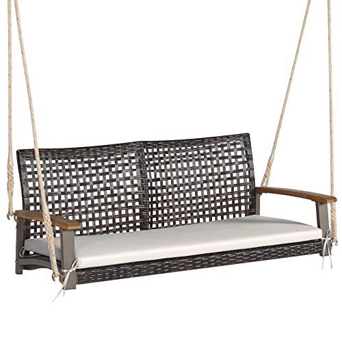 Tangkula 2 Person PE Wicker Porch Swing Bench, Outdoor Hanging Swing with Soft Seat Cushion and Hanging Ropes(Length of 118" for Each Chain), 800 LBS Weight Capacity (Off White)