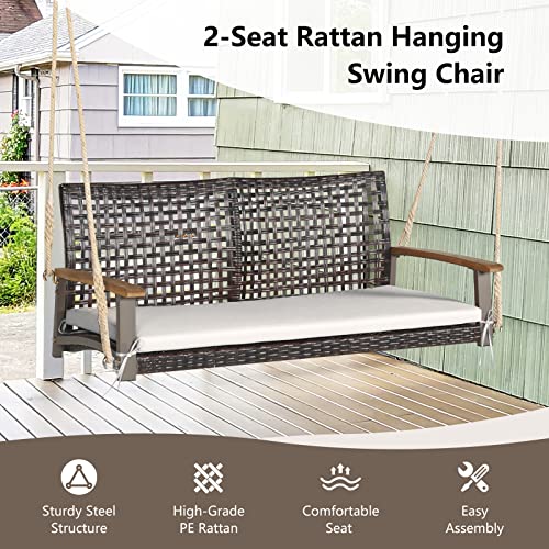 Tangkula 2 Person PE Wicker Porch Swing Bench, Outdoor Hanging Swing with Soft Seat Cushion and Hanging Ropes(Length of 118" for Each Chain), 800 LBS Weight Capacity (Off White)