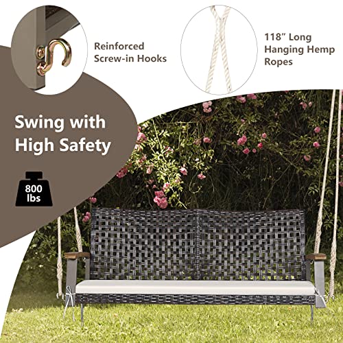 Tangkula 2 Person PE Wicker Porch Swing Bench, Outdoor Hanging Swing with Soft Seat Cushion and Hanging Ropes(Length of 118" for Each Chain), 800 LBS Weight Capacity (Off White)