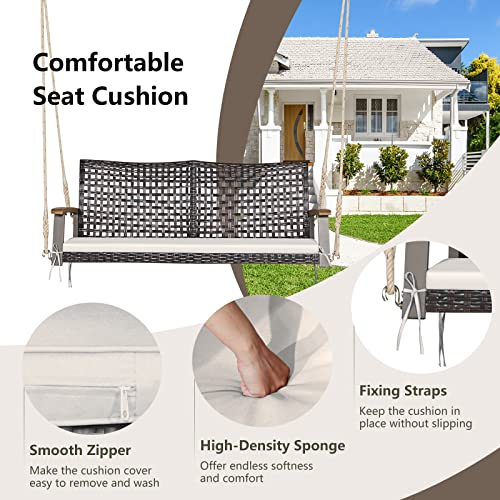 Tangkula 2 Person PE Wicker Porch Swing Bench, Outdoor Hanging Swing with Soft Seat Cushion and Hanging Ropes(Length of 118" for Each Chain), 800 LBS Weight Capacity (Off White)