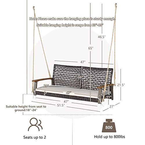 Tangkula 2 Person PE Wicker Porch Swing Bench, Outdoor Hanging Swing with Soft Seat Cushion and Hanging Ropes(Length of 118" for Each Chain), 800 LBS Weight Capacity (Off White)