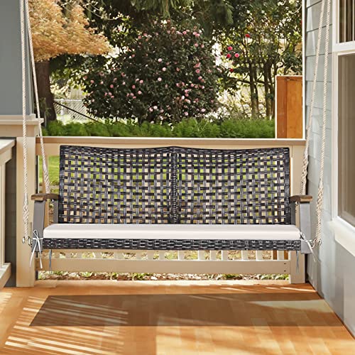 Tangkula 2 Person PE Wicker Porch Swing Bench, Outdoor Hanging Swing with Soft Seat Cushion and Hanging Ropes(Length of 118" for Each Chain), 800 LBS Weight Capacity (Off White)