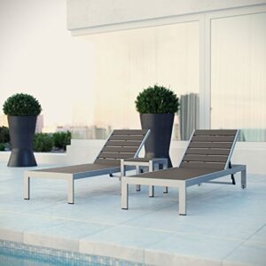 Modway Shore Aluminum Outdoor Patio Two Chaise Lounge Chair and Side End Table in Silver Gray