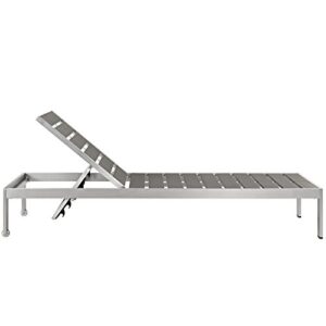 Modway Shore Aluminum Outdoor Patio Two Chaise Lounge Chair and Side End Table in Silver Gray