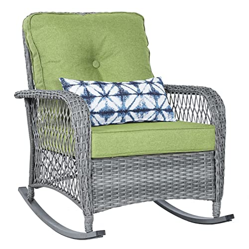 VONZOY Outdoor Rocking Chairs, Wicker Patio Furniture with Green Thickened Cushion for Porch Balcony Deck