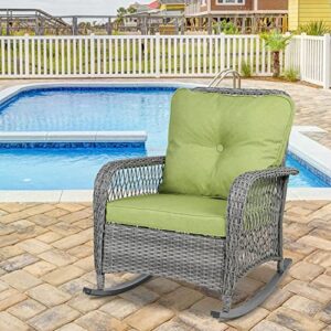 VONZOY Outdoor Rocking Chairs, Wicker Patio Furniture with Green Thickened Cushion for Porch Balcony Deck