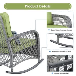 VONZOY Outdoor Rocking Chairs, Wicker Patio Furniture with Green Thickened Cushion for Porch Balcony Deck