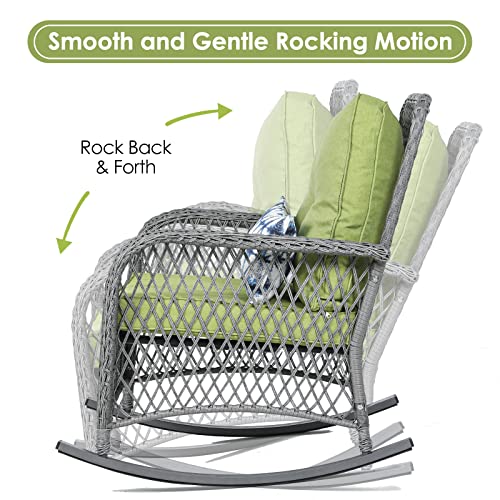 VONZOY Outdoor Rocking Chairs, Wicker Patio Furniture with Green Thickened Cushion for Porch Balcony Deck