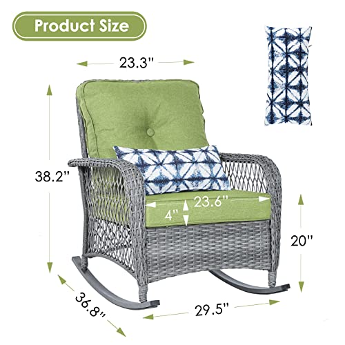 VONZOY Outdoor Rocking Chairs, Wicker Patio Furniture with Green Thickened Cushion for Porch Balcony Deck