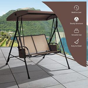 Tangkula 2-Person Patio Swing, Outdoor Porch Swing with Adjustable Canopy & 2 Storage Pocket, Powder-Coated Steel Frame Canopy Swing with Armrest for Garden, Balcony, Backyard