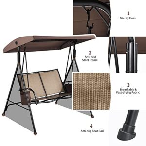 Tangkula 2-Person Patio Swing, Outdoor Porch Swing with Adjustable Canopy & 2 Storage Pocket, Powder-Coated Steel Frame Canopy Swing with Armrest for Garden, Balcony, Backyard