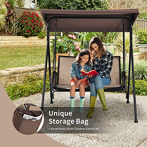 Tangkula 2-Person Patio Swing, Outdoor Porch Swing with Adjustable Canopy & 2 Storage Pocket, Powder-Coated Steel Frame Canopy Swing with Armrest for Garden, Balcony, Backyard