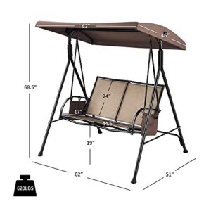 Tangkula 2-Person Patio Swing, Outdoor Porch Swing with Adjustable Canopy & 2 Storage Pocket, Powder-Coated Steel Frame Canopy Swing with Armrest for Garden, Balcony, Backyard