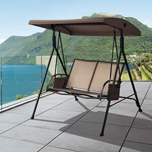 Tangkula 2-Person Patio Swing, Outdoor Porch Swing with Adjustable Canopy & 2 Storage Pocket, Powder-Coated Steel Frame Canopy Swing with Armrest for Garden, Balcony, Backyard