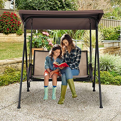 Tangkula 2-Person Patio Swing, Outdoor Porch Swing with Adjustable Canopy & 2 Storage Pocket, Powder-Coated Steel Frame Canopy Swing with Armrest for Garden, Balcony, Backyard