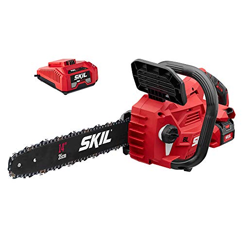 SKIL PWR CORE 40 Brushless 40V 14” Lightweight Chainsaw Kit with Tool-free Chain Tension & Auto Lubrication, Includes 2.5Ah Battery and Auto PWR Jump Charger - CS4555-10