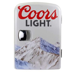 coors light cl04 4l portable mini fridge with 12v dc and 110v ac cords, 6 can personal cooler for beer, snacks, lunch, drinks, desk accessory for home, office, bar, dorm, travel, grey, standard, gray