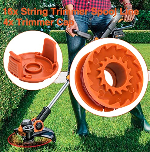 Trimmer Spool Line for Worx wa0010, Replacement Spools Compatible with Worx Weed Eater String, Trimmer Line Refills 0.065 inch for Worx Electric String Trimmers(16 Spools+4 Trimmer Caps)