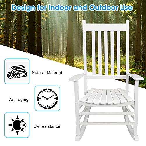 Rocking Chair-Wooden Frame Chair,Indoor & Outdoor Fade-Resistant Rocker with 350lbs Weight Capacity,All Weather Porch Rocker for Garden,Lawn,Balcony,Backyard and Patio Porch Rocker 1 White