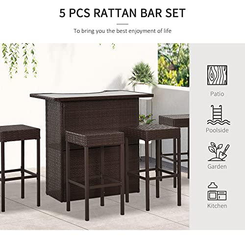 Outsunny 5 Pcs Rattan Wicker Bar Set with Glass Top Table and 2 Tier Storage Shelf, 1 Table and 4 Bar Stools for Outdoor, Patio, Garden, Poolside