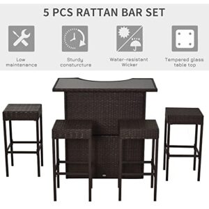 Outsunny 5 Pcs Rattan Wicker Bar Set with Glass Top Table and 2 Tier Storage Shelf, 1 Table and 4 Bar Stools for Outdoor, Patio, Garden, Poolside