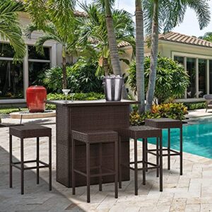 Outsunny 5 Pcs Rattan Wicker Bar Set with Glass Top Table and 2 Tier Storage Shelf, 1 Table and 4 Bar Stools for Outdoor, Patio, Garden, Poolside