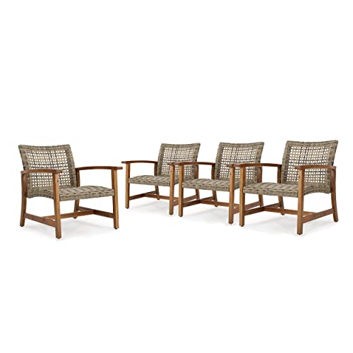 Christopher Knight Home Hampton Outdoor Mid-Century Wicker Club Chairs with Acacia Wood Frame, 4-Pcs Set, Natural Stained / Grey