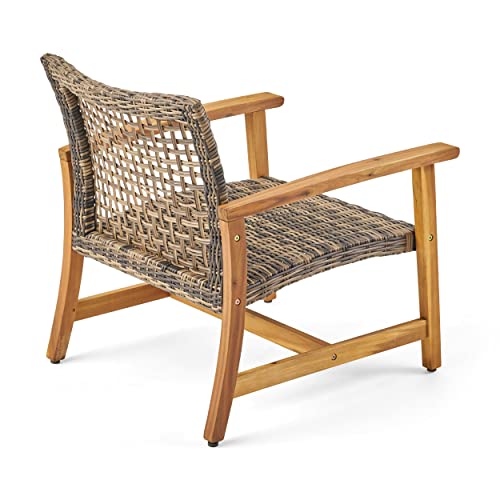 Christopher Knight Home Hampton Outdoor Mid-Century Wicker Club Chairs with Acacia Wood Frame, 4-Pcs Set, Natural Stained / Grey