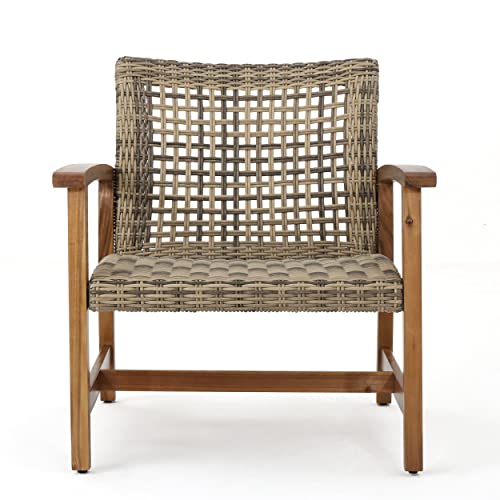 Christopher Knight Home Hampton Outdoor Mid-Century Wicker Club Chairs with Acacia Wood Frame, 4-Pcs Set, Natural Stained / Grey