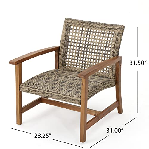 Christopher Knight Home Hampton Outdoor Mid-Century Wicker Club Chairs with Acacia Wood Frame, 4-Pcs Set, Natural Stained / Grey