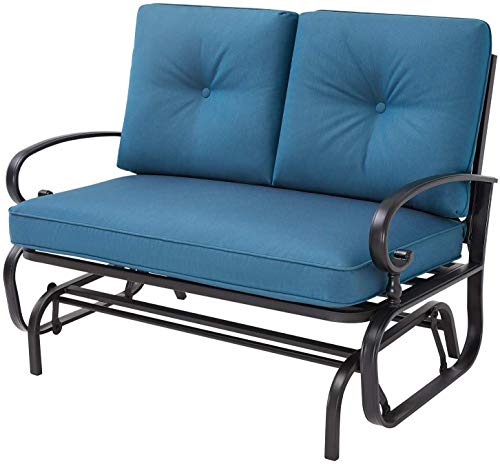 Cemeon Outdoor Glider Rocking Chair Patio Swing Glider Bench for 2 Person, Metal Frame Loveseat Chair with Cushions (Peacock Blue)