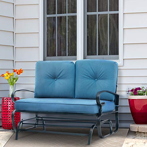 Cemeon Outdoor Glider Rocking Chair Patio Swing Glider Bench for 2 Person, Metal Frame Loveseat Chair with Cushions (Peacock Blue)