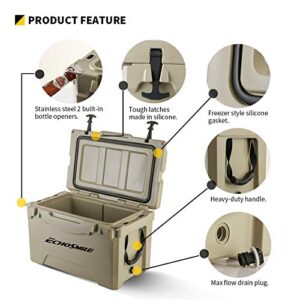 EchoSmile 35 Quart Rotomolded Cooler, 5 Days Protale Ice Cooler, Tan Ice Chest with Built-in Bottle Openers, Cup Holders, and Fish Ruler, Suit for BBQ, Camping, Pincnic, and Other Outdoor Activities