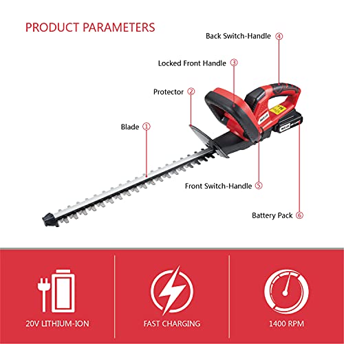 MELLCOM Hedge Trimmer, 20" Cordless Hedge Trimmer With 20V Lithium Battery, 1400 PRM Output&5/8" Cutting Capacity Lightweight Electric Hedge Trimmer For Bushes Cutting(Battery&Charger Included)