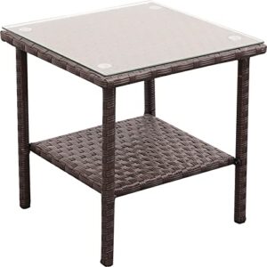 Patio PE Wicker Side Table Outdoor Resin Rattan Glass Top Square End Table with Two Shelves, Brown