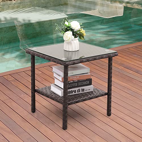 Patio PE Wicker Side Table Outdoor Resin Rattan Glass Top Square End Table with Two Shelves, Brown