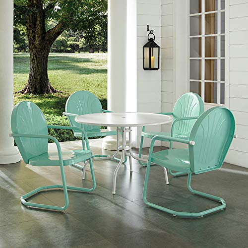 Crosley Furniture KOD10010AQ Griffith Retro Metal Outdoor 5-Piece Dining Set with 39" Table and 4 Chairs, White and Aqua