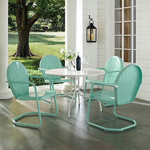 Crosley Furniture KOD10010AQ Griffith Retro Metal Outdoor 5-Piece Dining Set with 39" Table and 4 Chairs, White and Aqua