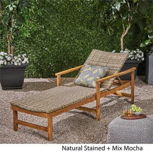 Kyle Outdoor Rustic Acacia Wood Chaise Lounge with Wicker Seating, Natural and Mixed Mocha