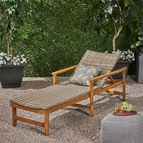 Kyle Outdoor Rustic Acacia Wood Chaise Lounge with Wicker Seating, Natural and Mixed Mocha