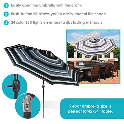 Sunnydaze 9 Foot Outdoor Patio Umbrella with Solar Lights & Tilt/Crank, LED, Catalina Beach Stripe